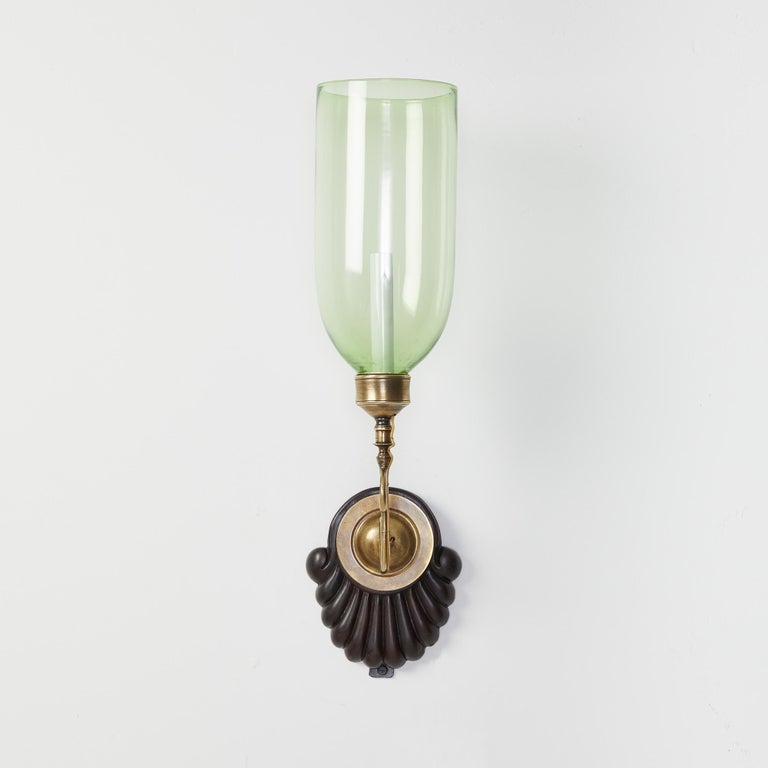 Pair of David Duncan Studio Scallop Sconces with Light Green Hurricane ...