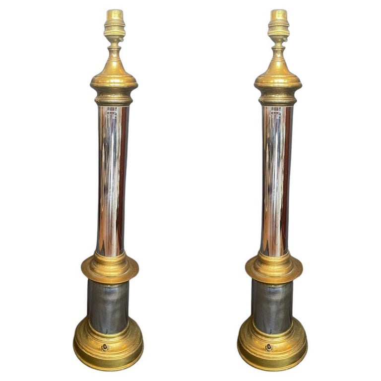 Pair of Antique 1950s Brass and Chrome Table Lamps For Sale at 1stDibs