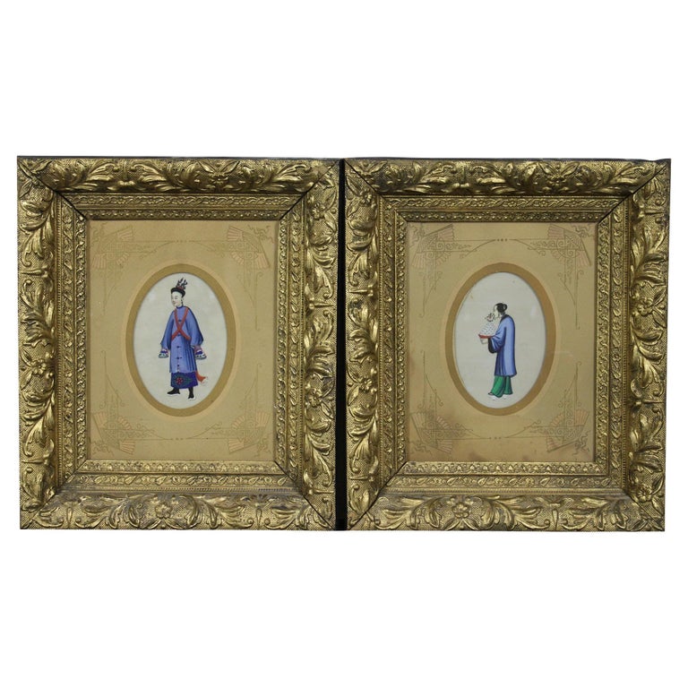Pair of Antique 19th C. Chinese Rice Paper Pith Watercolor Paintings ...