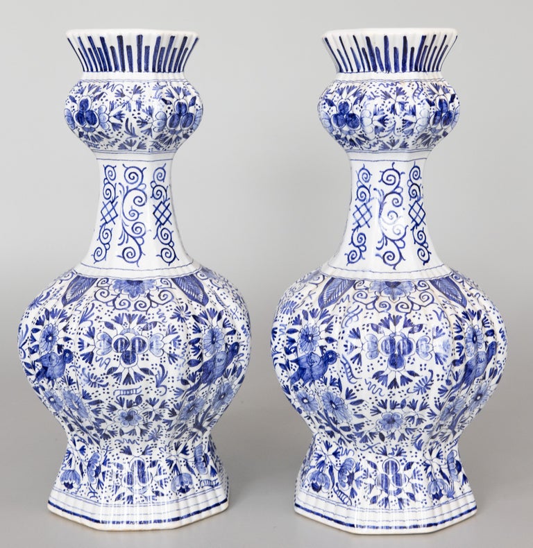 Pair of Antique 19th Century Dutch Delft Birds Floral Knobble Vases For ...