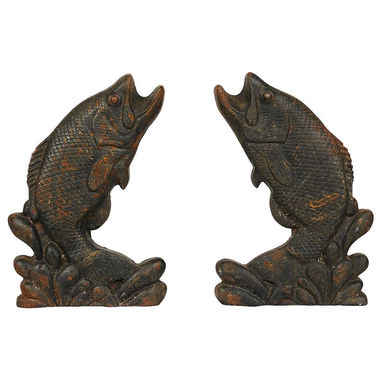 Pair of Antique American Cast Iron Leaping Fish Andirons at 1stDibs