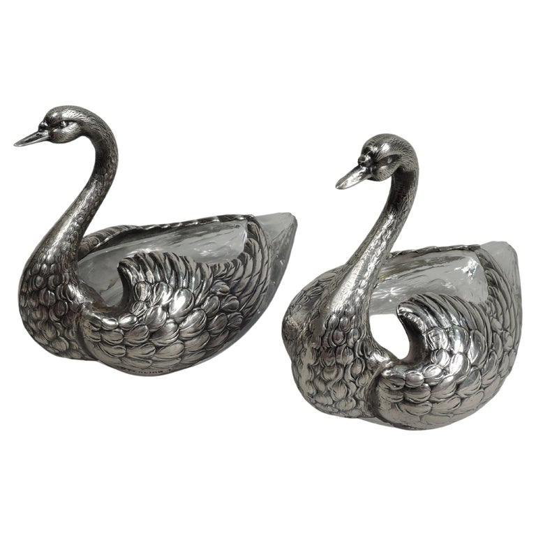 Pair of Antique American Sterling Silver and Glass Swan Bird Open Salts ...