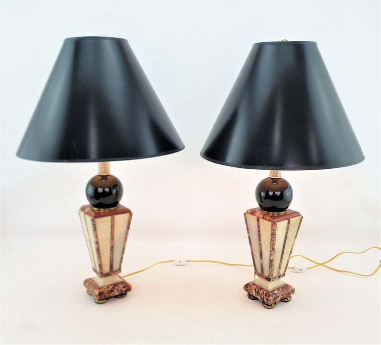 Pair of Converted Art Deco Cut Two Tone Geometric Cut Marble Table Lamp ...