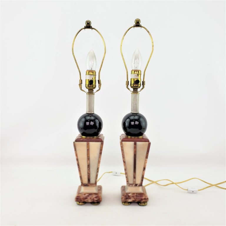 Pair of Converted Art Deco Cut Two Tone Geometric Cut Marble Table Lamp ...
