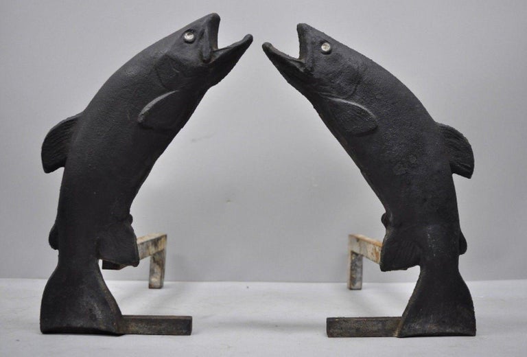 Pair of Antique Black Cast Iron Leaping Trout Fish Andirons by Liberty ...