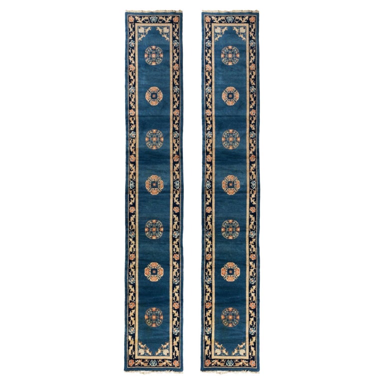 Pair of Antique Blue Gold Black Art Deco Chinese Runner Rugs, c. 1920 ...