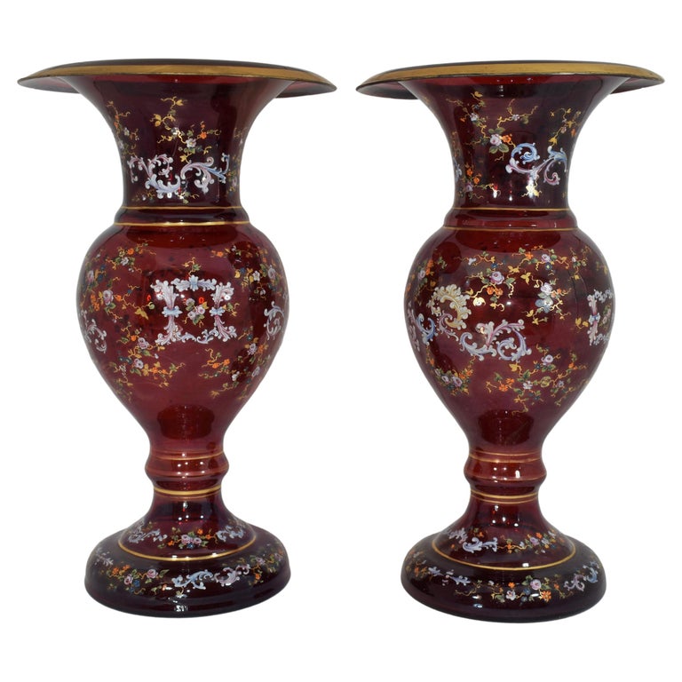 Pair of Antique Bohemian Enamelled Ruby Red Glass Vases, 19th Century ...