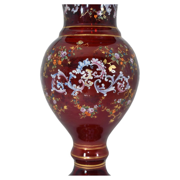 Pair of Antique Bohemian Enamelled Ruby Red Glass Vases, 19th Century ...