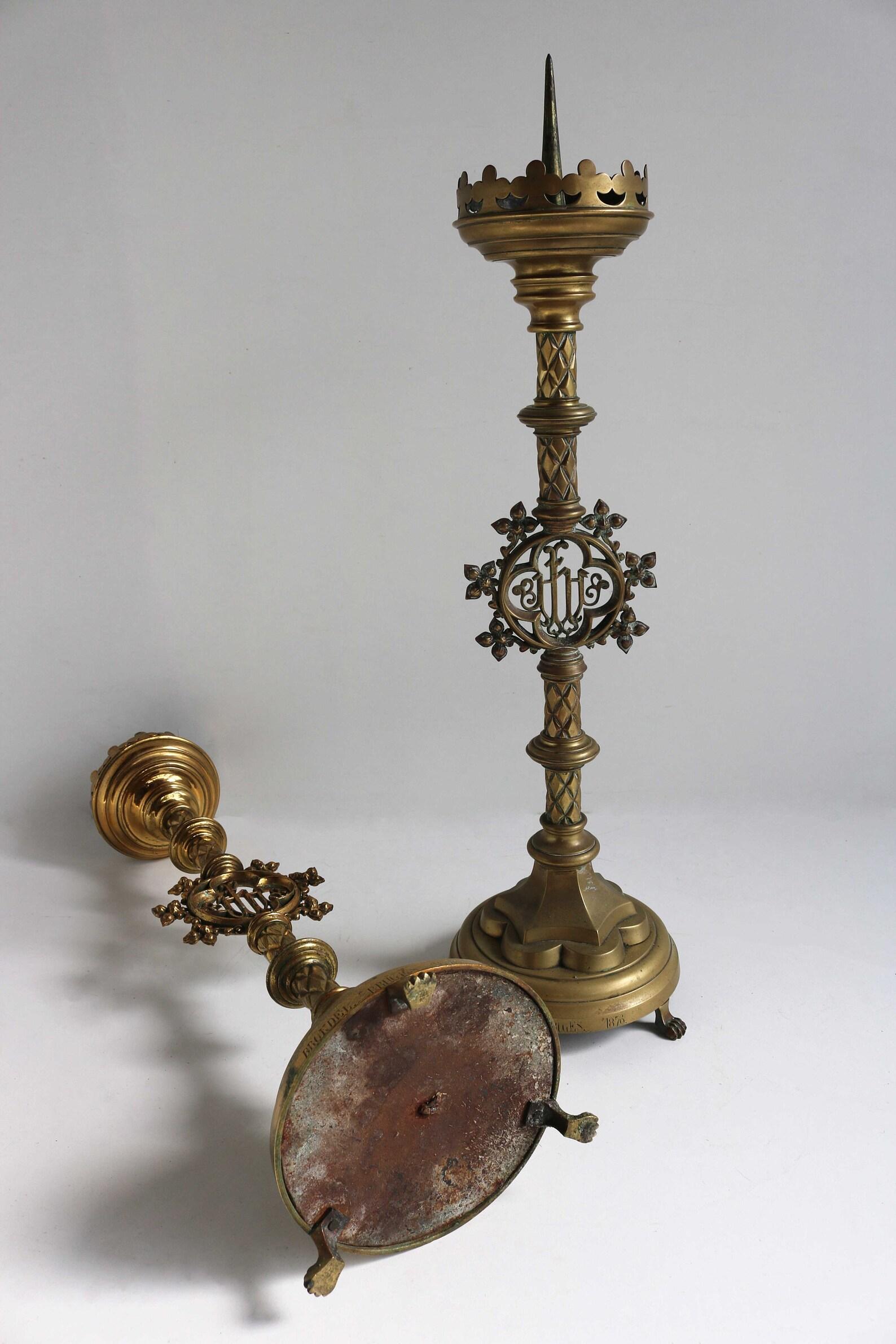Pair of Antique Brass Candlesticks 1876 Church Altar Religious ...