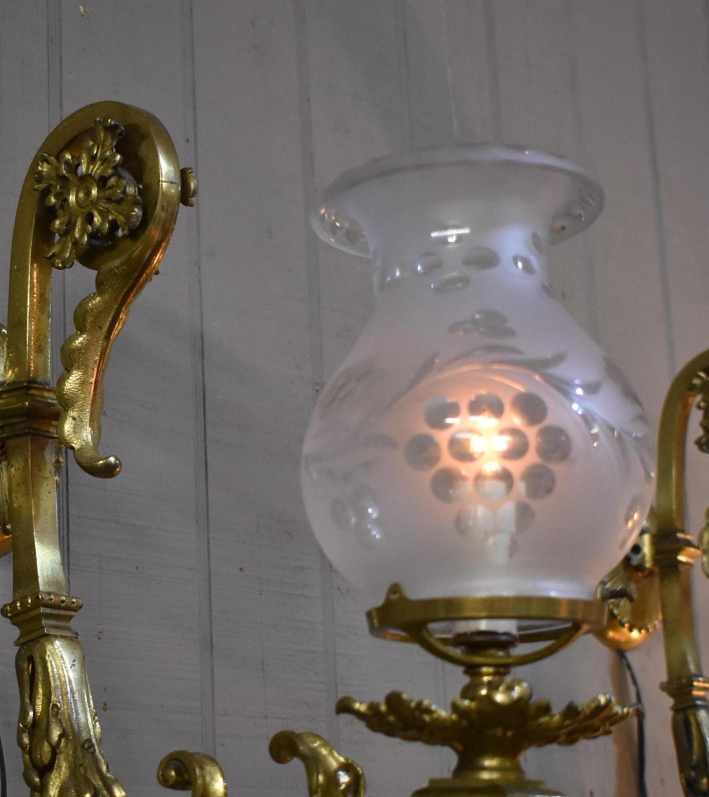 Pair of Antique Brass Ornate Wall Sconces Astral Cut and Polished Glass ...