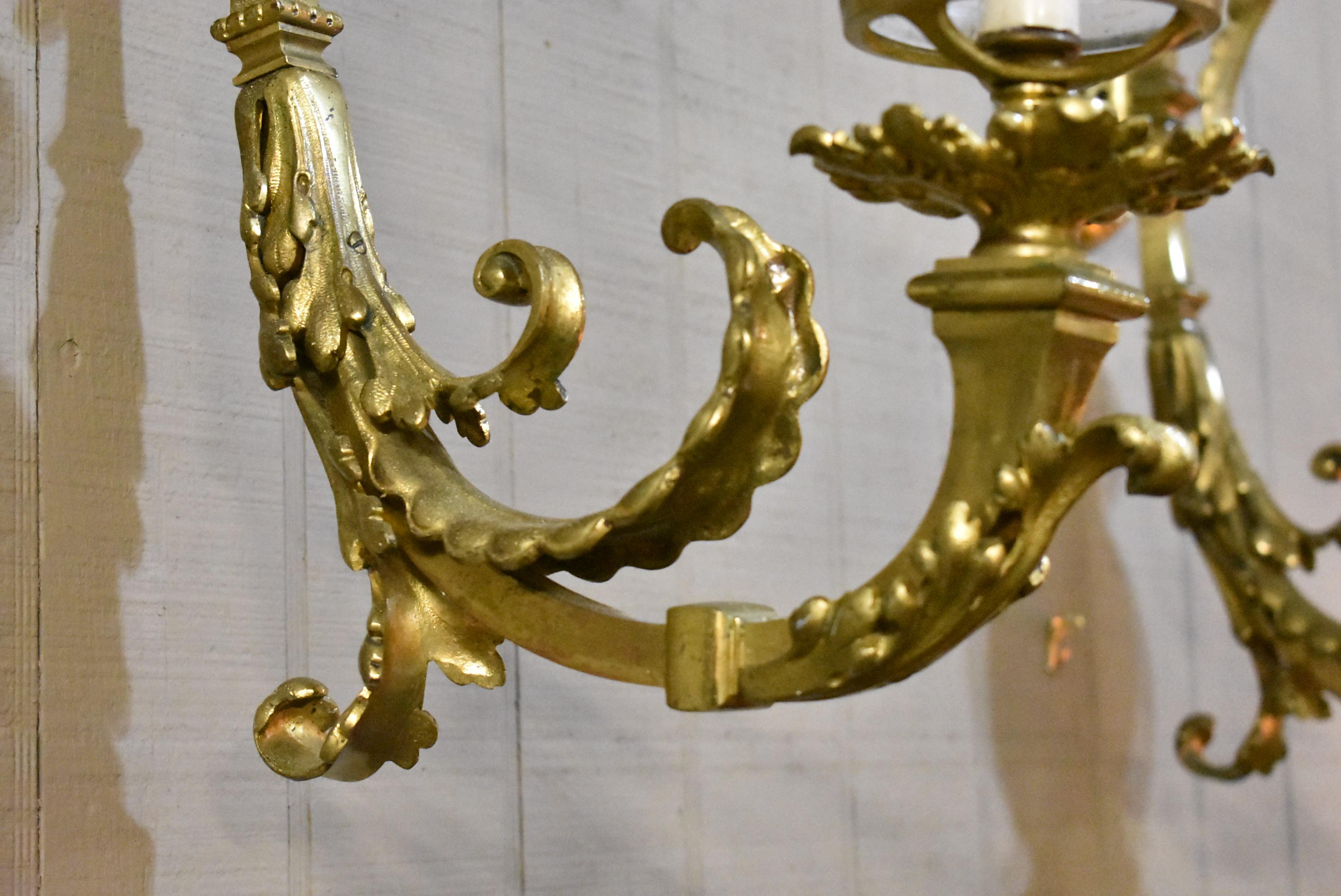 Pair of Antique Brass Ornate Wall Sconces Astral Cut and Polished Glass ...