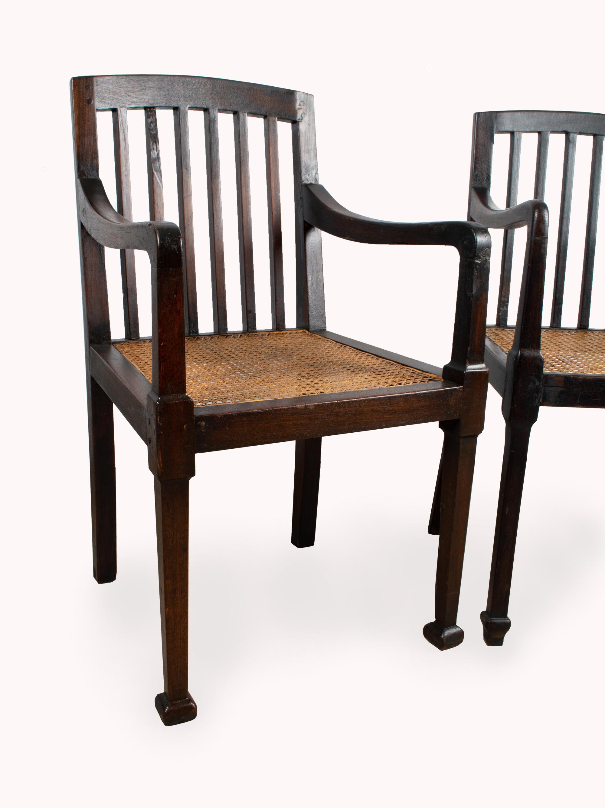 Pair of Antique British Colonial Teak and Rattan Hall Elbow Chairs ...