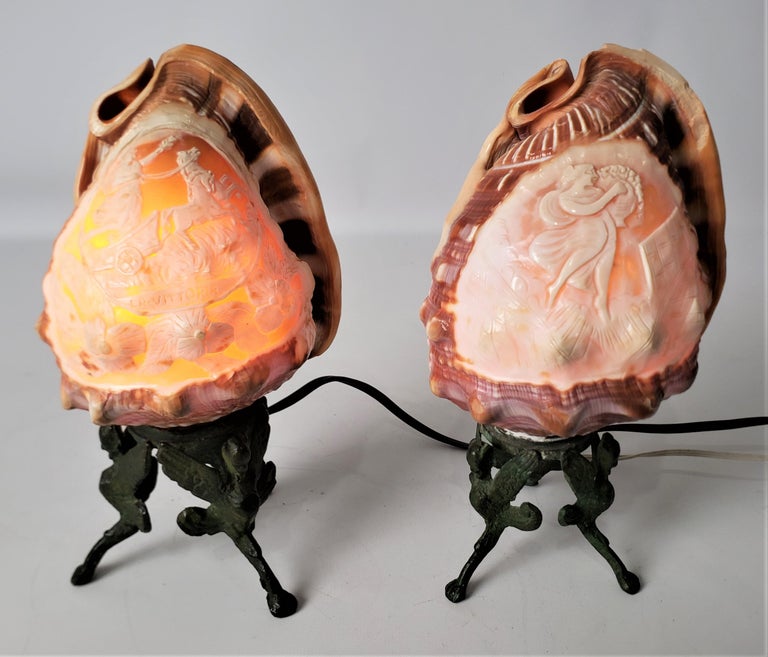 Pair of Antique Carved Conch Shell Accent Table Lamps with Mythological ...