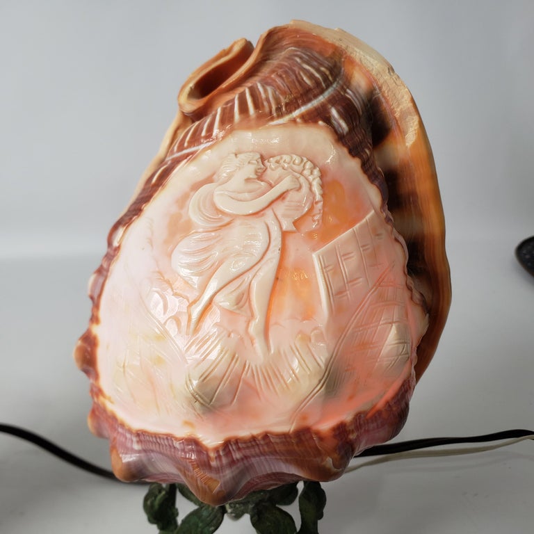 Pair of Antique Carved Conch Shell Accent Table Lamps with Mythological ...