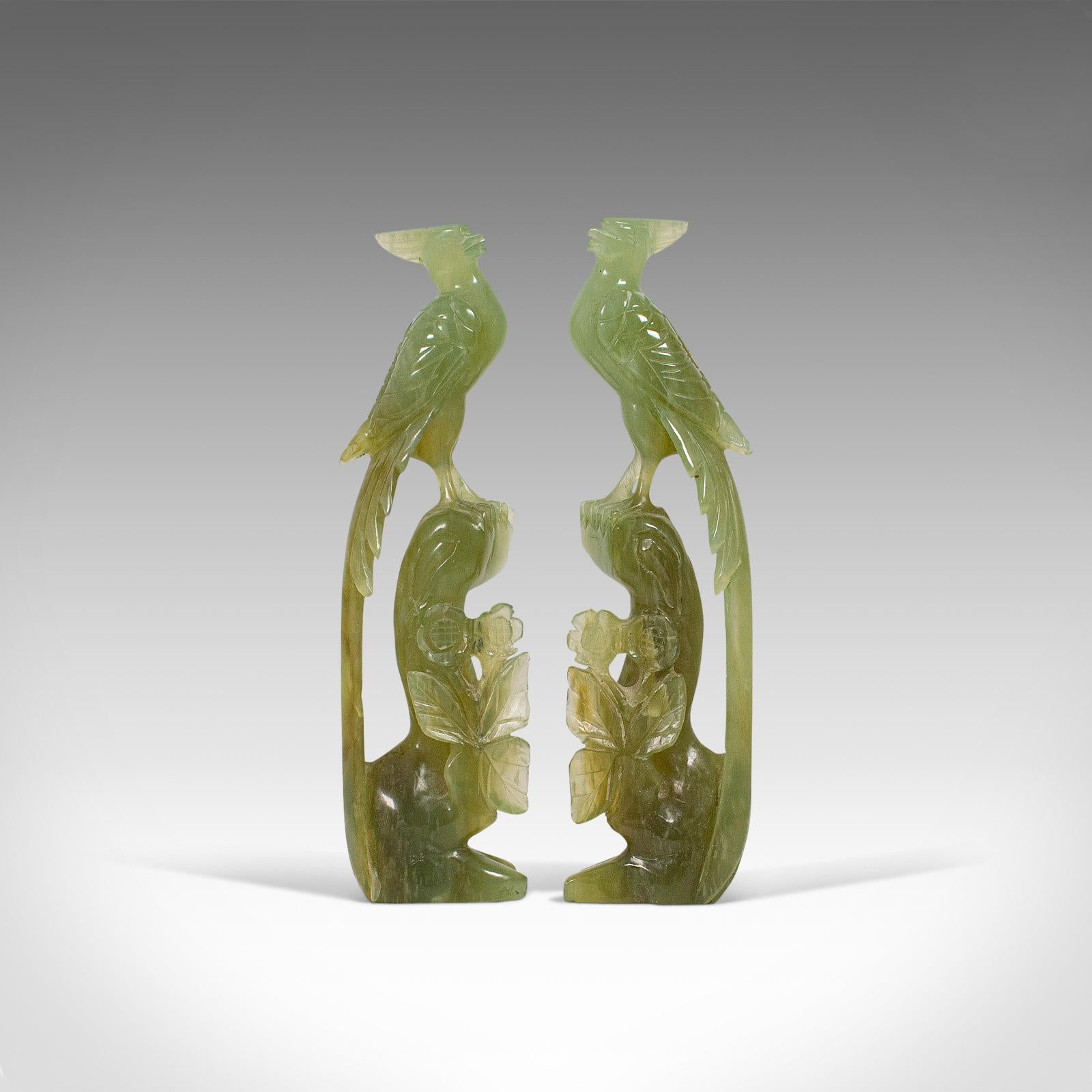 Pair of Antique Carved Figures, Oriental, Jade, Bird of Paradise ...