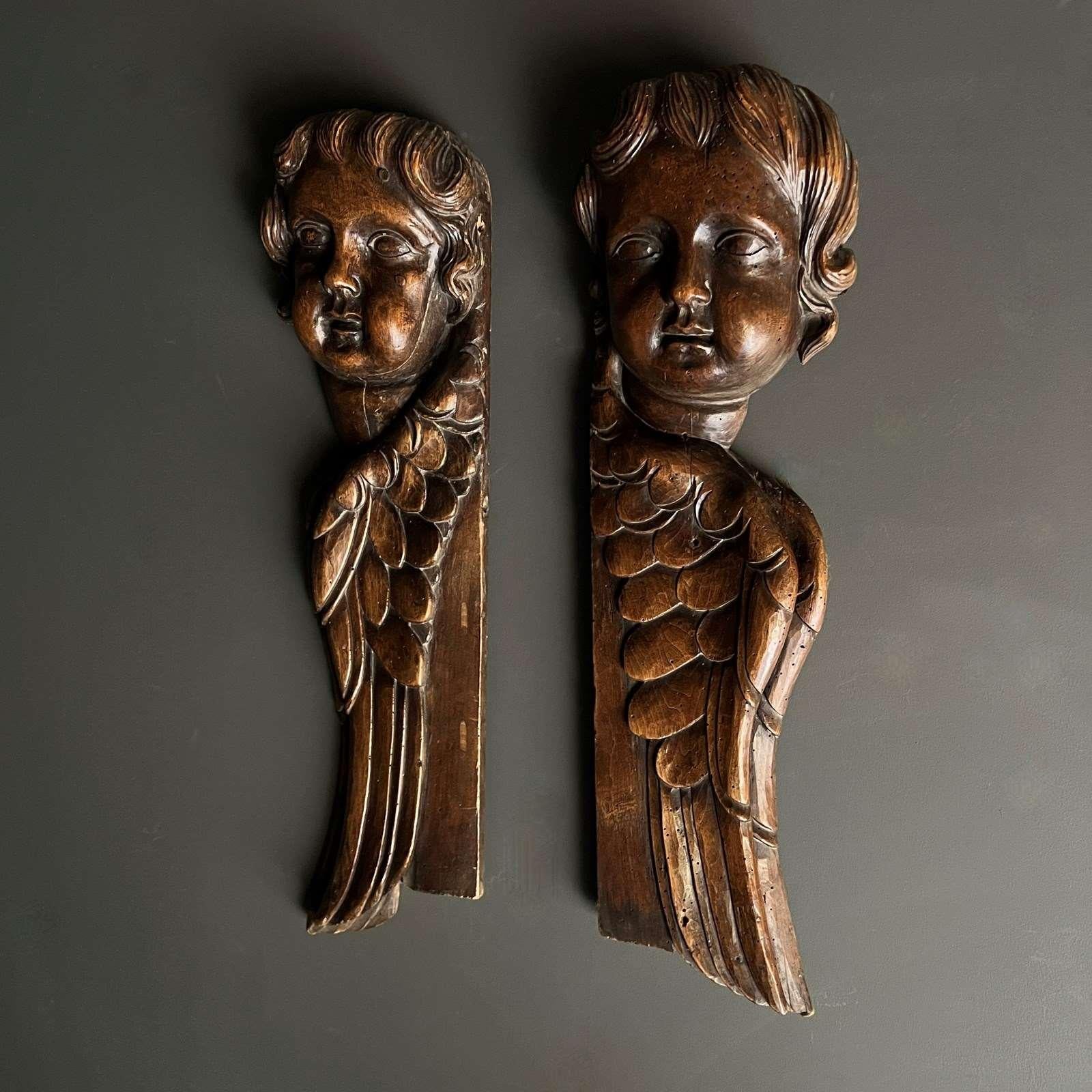 Pair Of Antique Carved Wood Putti Church Fragments For Sale at 1stDibs