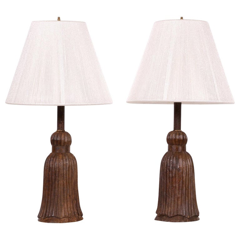 Pair of Antique Carved Wood Tassel Form Lamps For Sale at 1stDibs