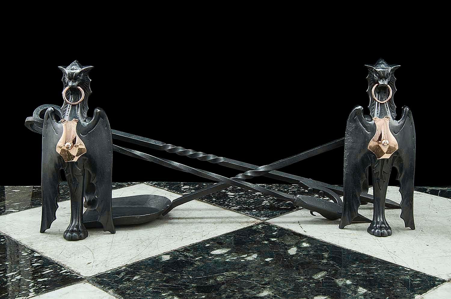 Pair of Antique Cast Iron and Copper Mounted Griffin Andirons at ...