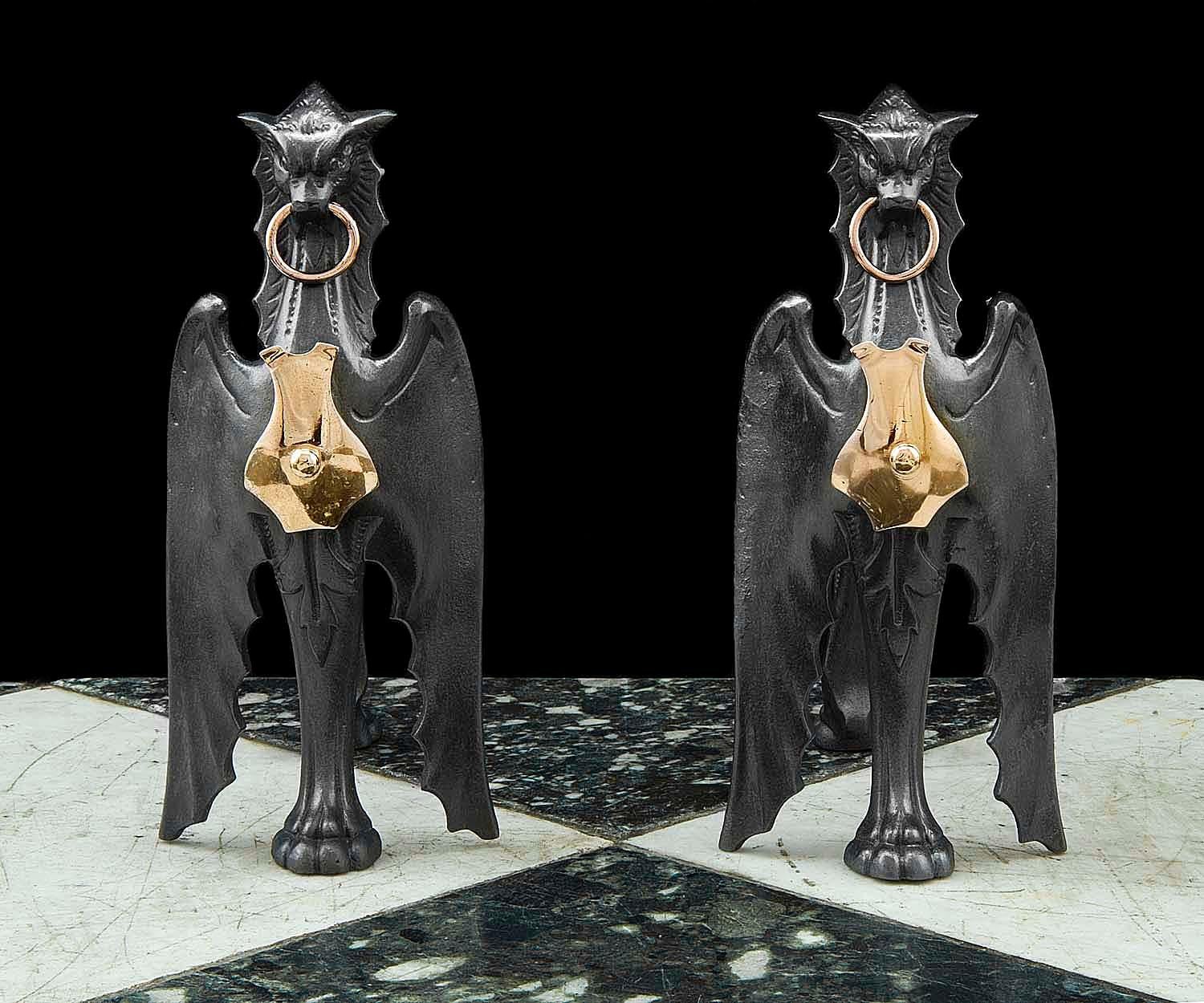 Pair of Antique Cast Iron and Copper Mounted Griffin Andirons at ...