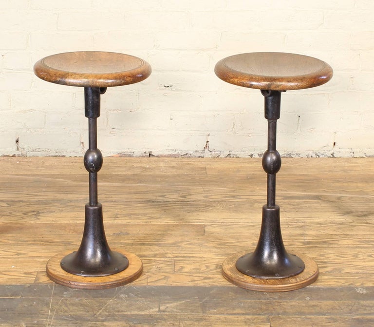 Pair of Antique Cast Iron and Oak Pedestal Stools at 1stDibs