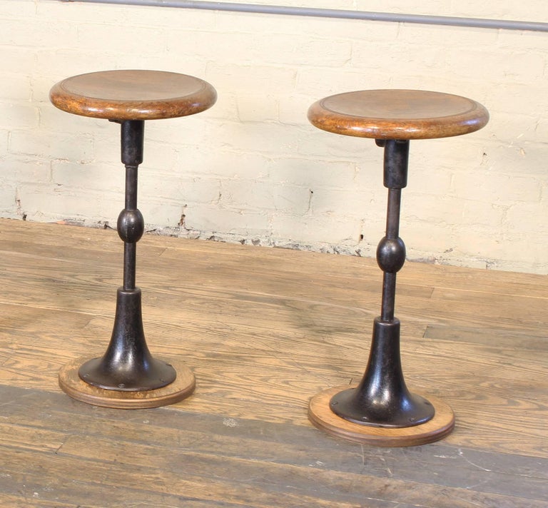 Pair of Antique Cast Iron and Oak Pedestal Stools at 1stDibs