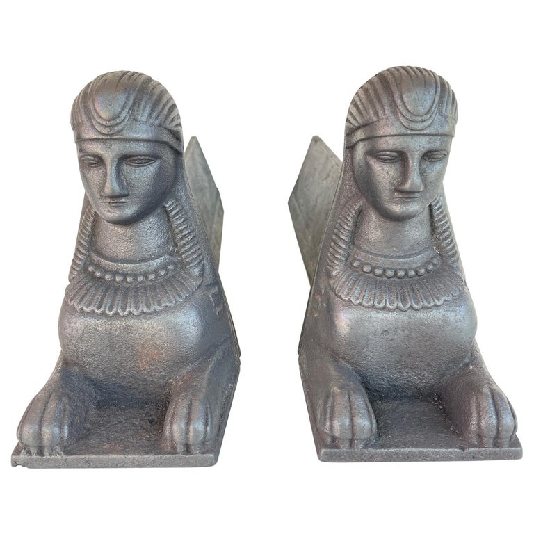 Pair of Antique Cast Iron Andirons / Firedogs with Sphinx For Sale at ...