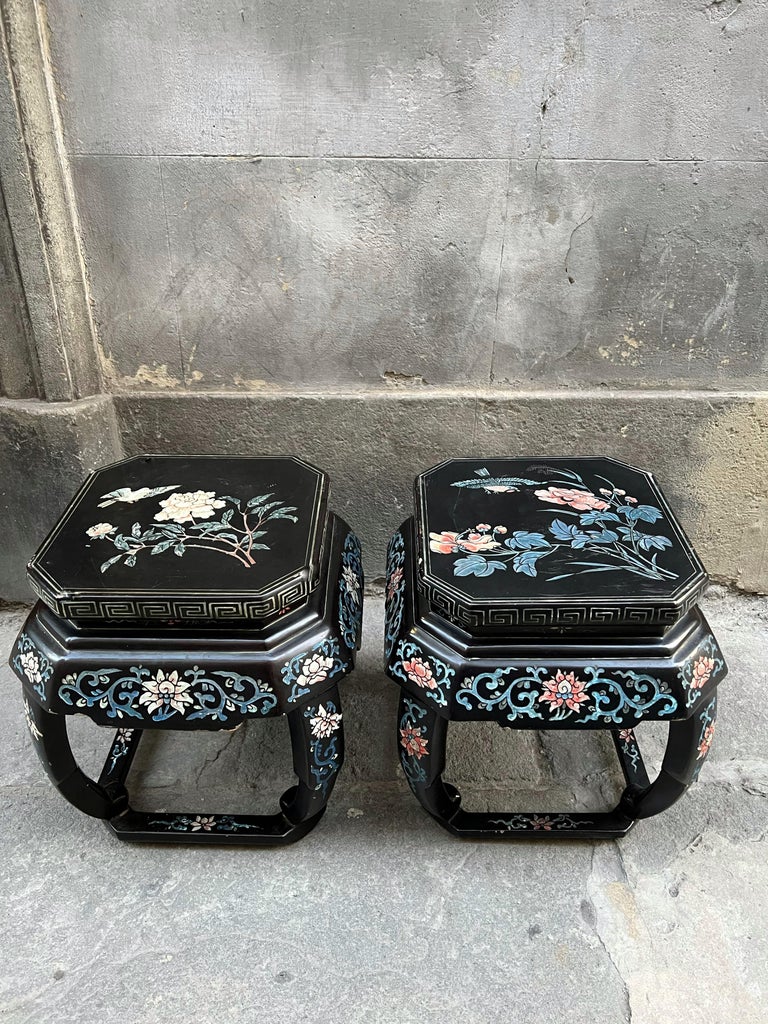 Pair of Antique Chinese Black Lacquered Hand-Painted Tables, 1900s at ...