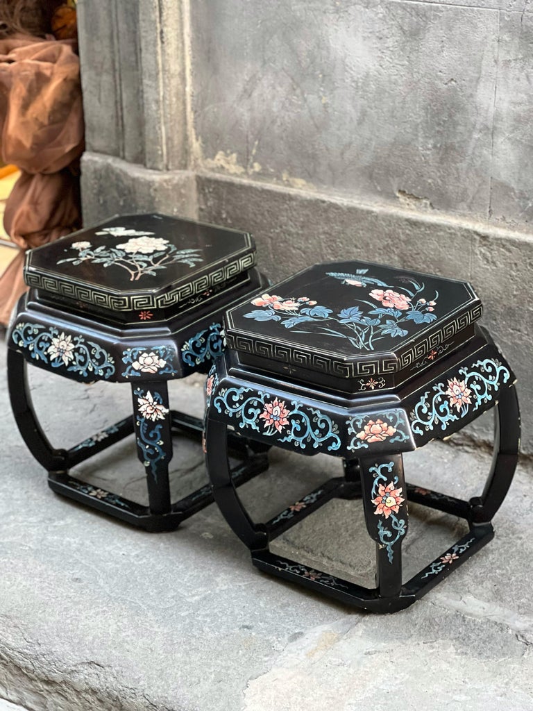 Pair of Antique Chinese Black Lacquered Hand-Painted Tables, 1900s at ...