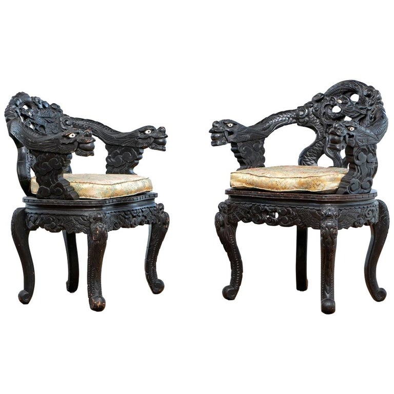 Pair of Antique Chinese Carved Dragon Throne Chairs at 1stDibs