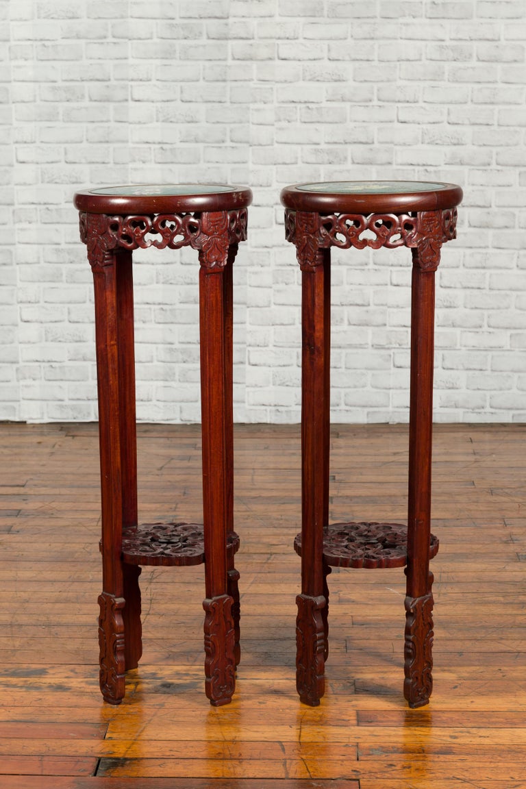 Pair of Antique Chinese Carved Round Stands with Painted Floral and ...