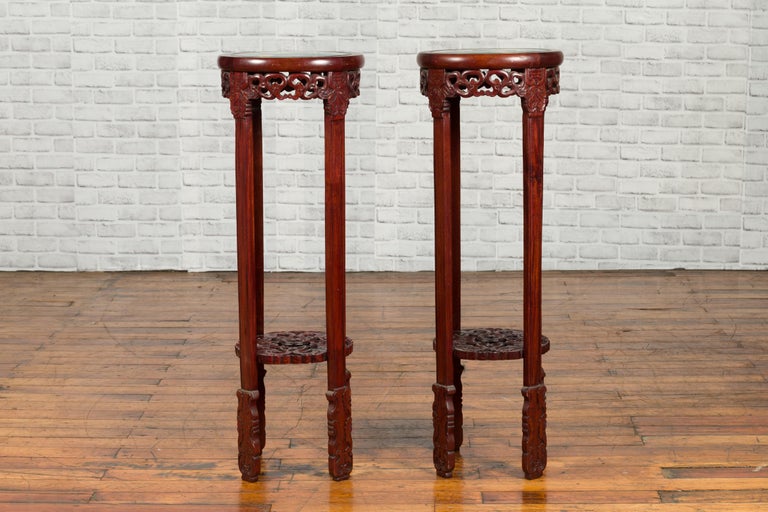 Pair of Antique Chinese Carved Round Stands with Painted Floral and ...