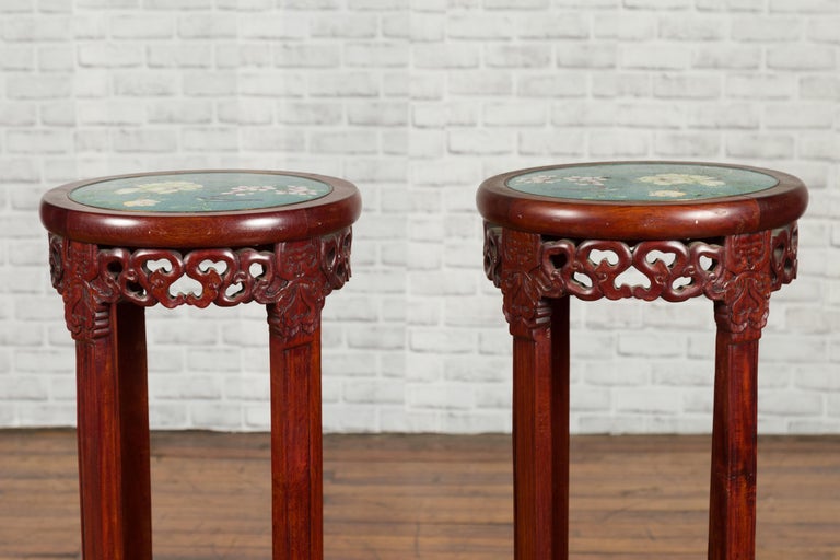 Pair of Antique Chinese Carved Round Stands with Painted Floral and ...