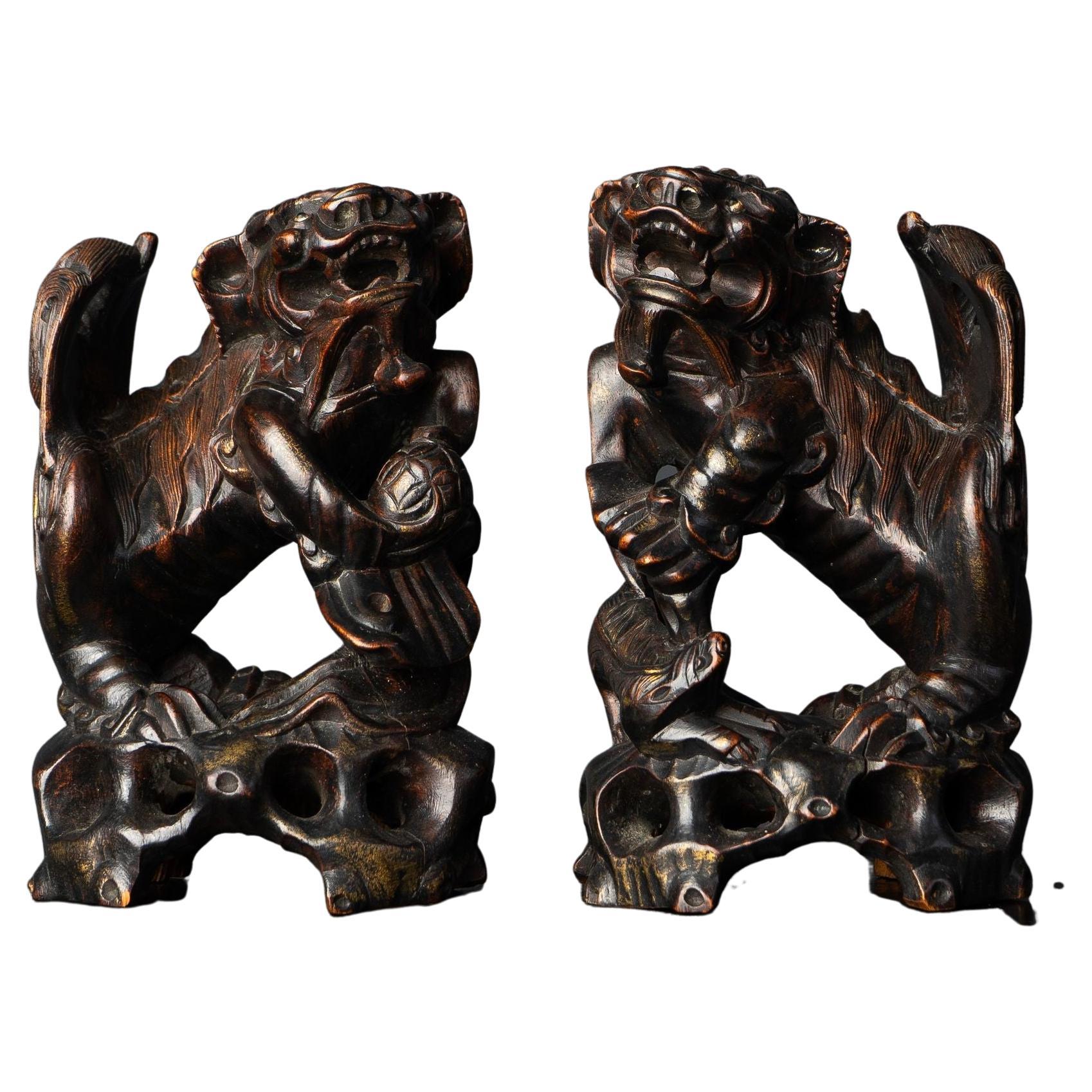 Pair of Antique Chinese Carved Wooden Foo Dogs or Guardian Lion Statues ...