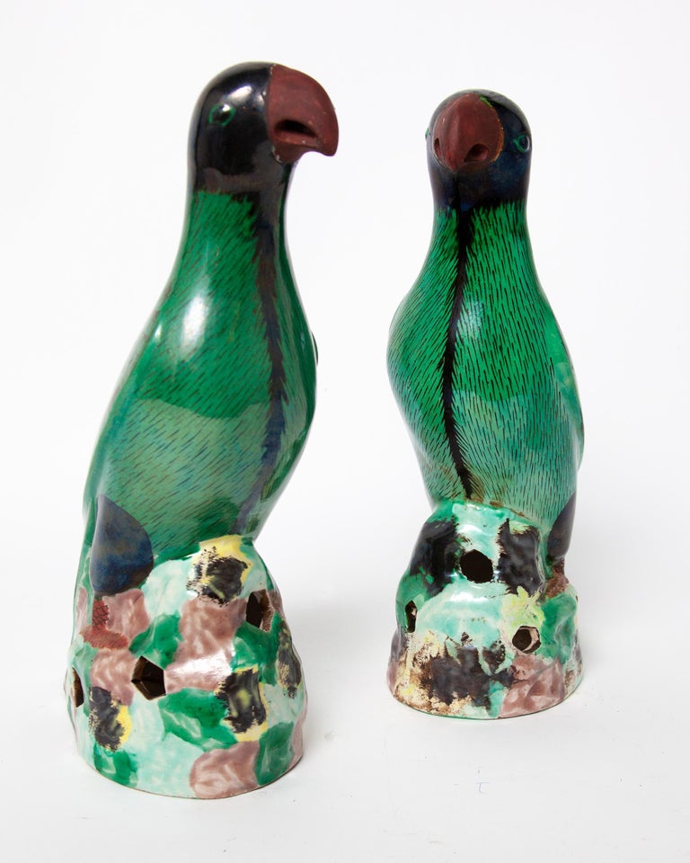 Pair of Antique Chinese Green Glaze Porcelain Parrot Statues at 1stDibs