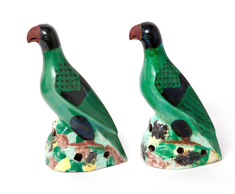 Pair of Antique Chinese Green Glaze Porcelain Parrot Statues at 1stDibs