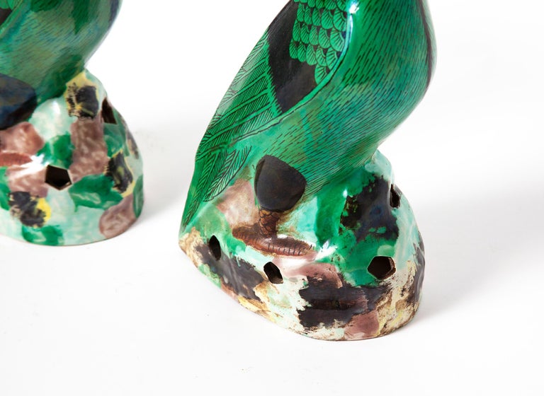 Pair of Antique Chinese Green Glaze Porcelain Parrot Statues at 1stDibs