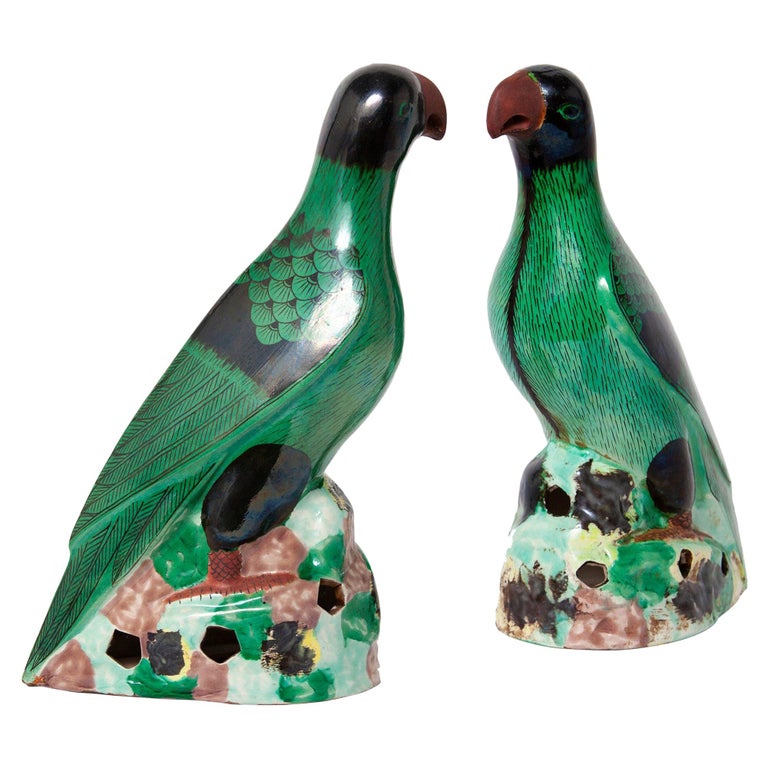 Pair of Antique Chinese Green Glaze Porcelain Parrot Statues at 1stDibs