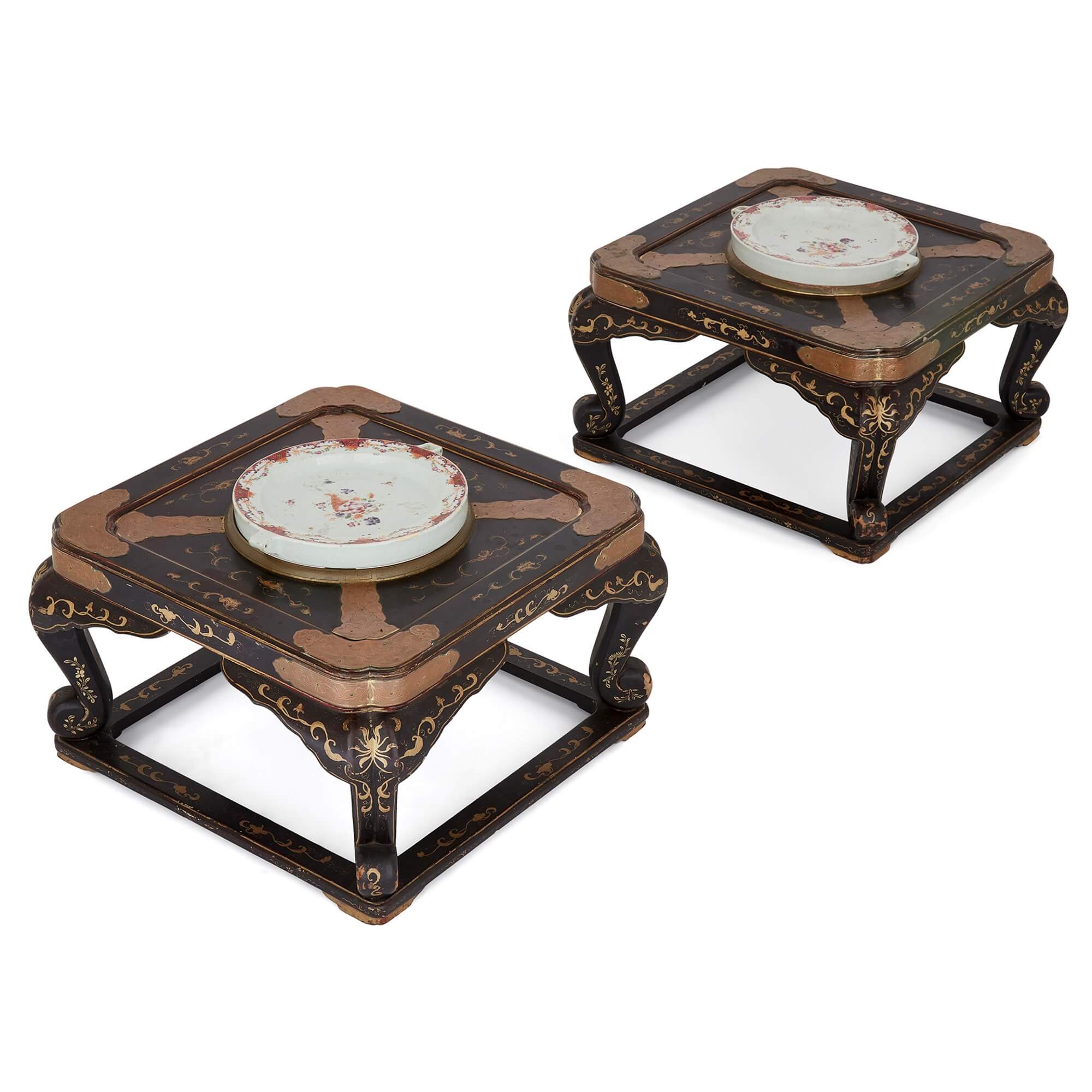 Pair of Antique Chinese Lacquered Low Tables with Porcelain Warming ...