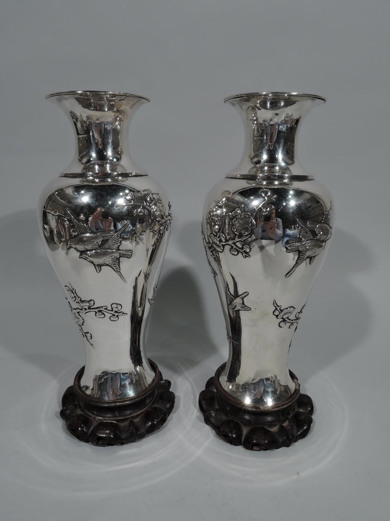 Pair of Antique Chinese Silver Vases with Blossoming Branches and Birds ...