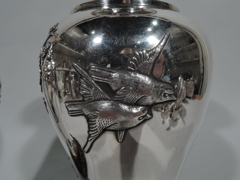 Pair of Antique Chinese Silver Vases with Blossoming Branches and Birds ...