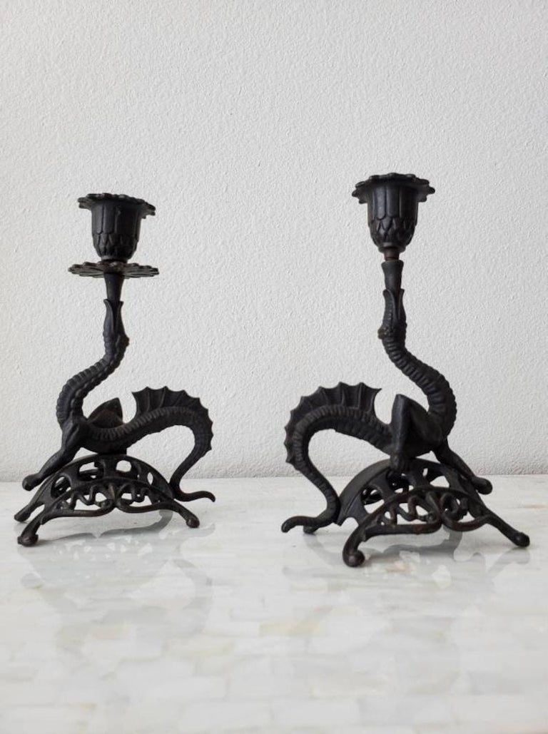 Pair of Antique Chinoiserie Victorian Cast Iron Dragon Candlestick at ...