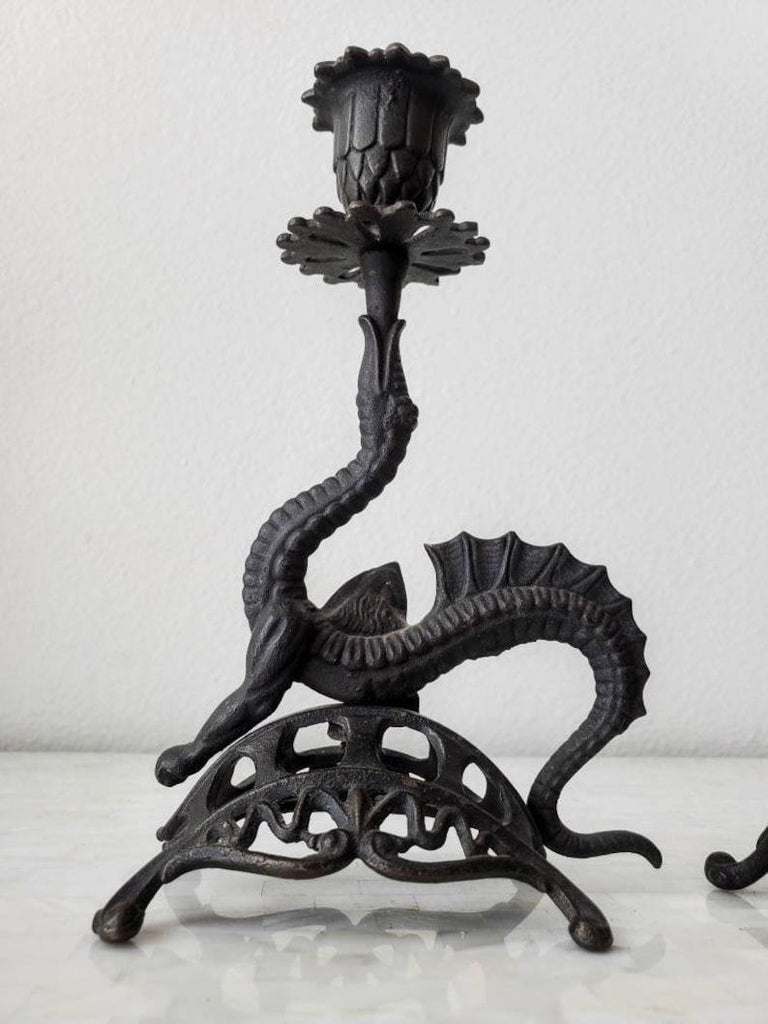 Pair of Antique Chinoiserie Victorian Cast Iron Dragon Candlestick at ...