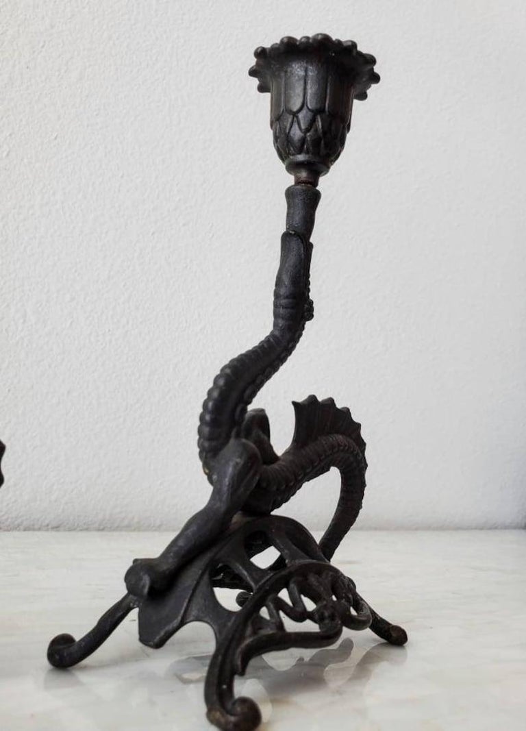 Pair of Antique Chinoiserie Victorian Cast Iron Dragon Candlestick at ...