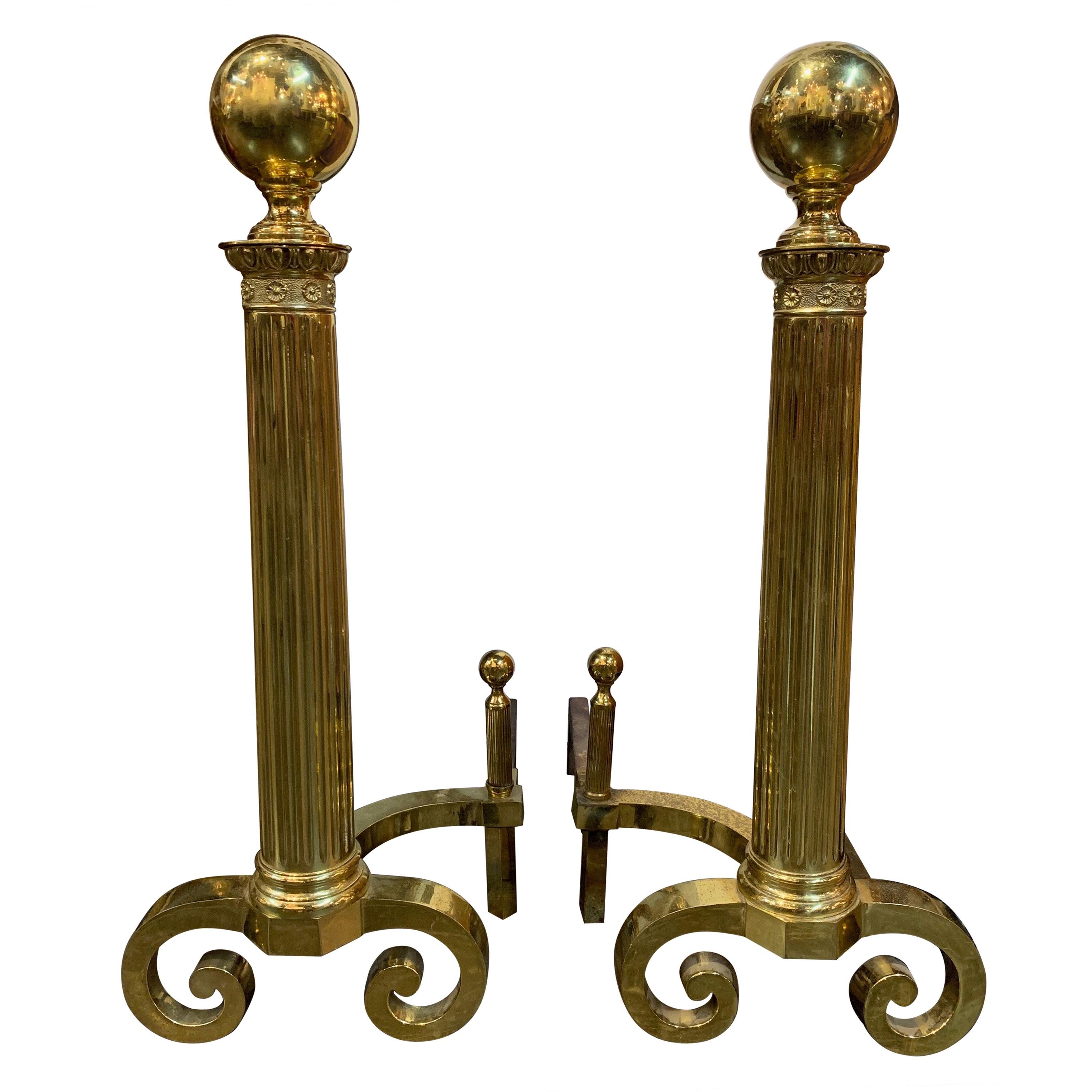 Pair of Antique Continental Brass Fluted Andirons For Sale at 1stDibs