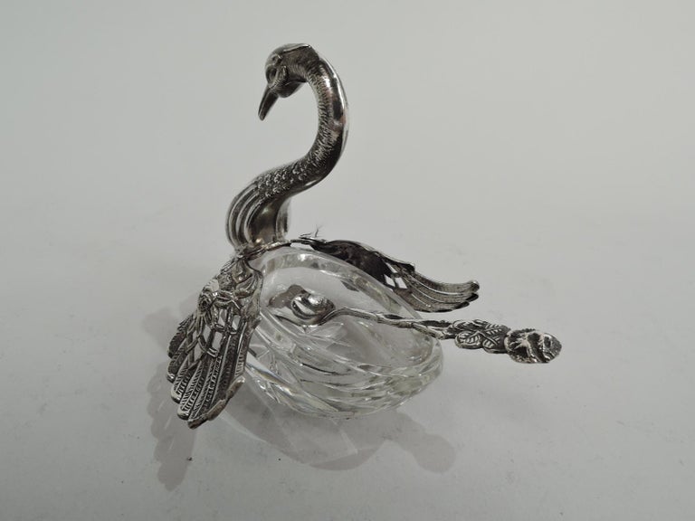 Pair of Antique Edwardian Sterling Silver and Glass Swan Bird Open ...