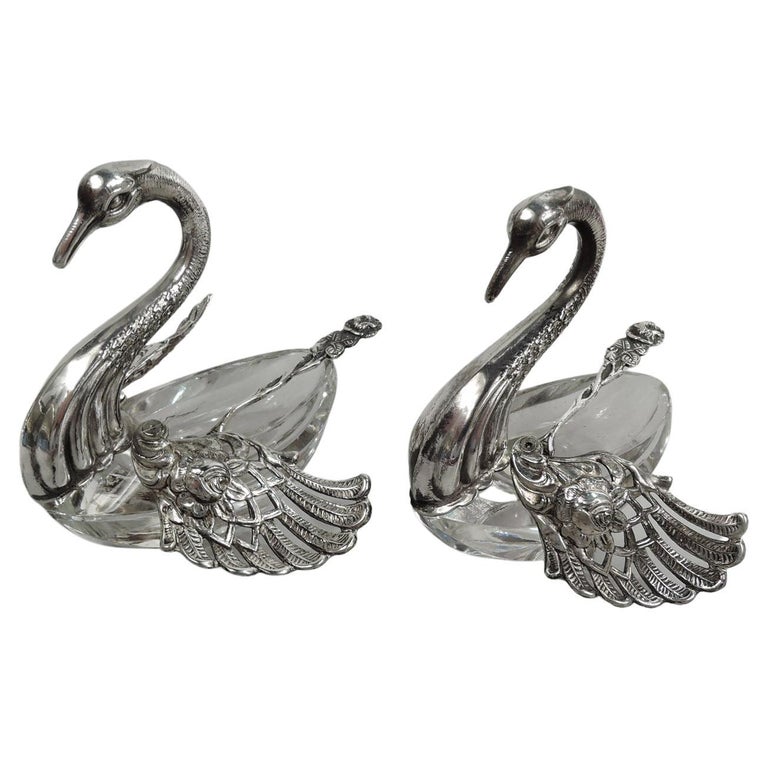 Pair of Antique Edwardian Sterling Silver and Glass Swan Bird Open ...