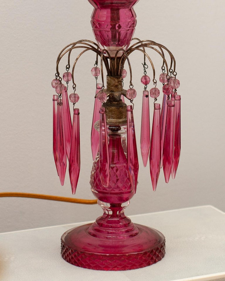Pair of Antique English Red Cranberry Crystal Lamps with Custom Silk ...