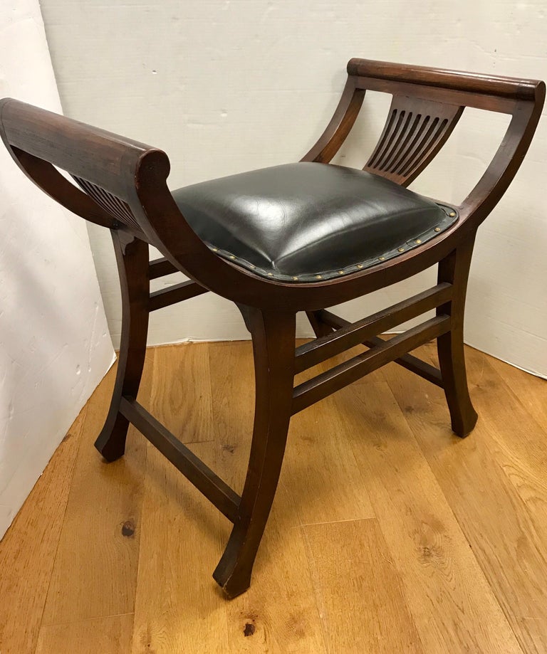 Pair of Antique English Curved Slatted Mahogany Black Leather Benches ...
