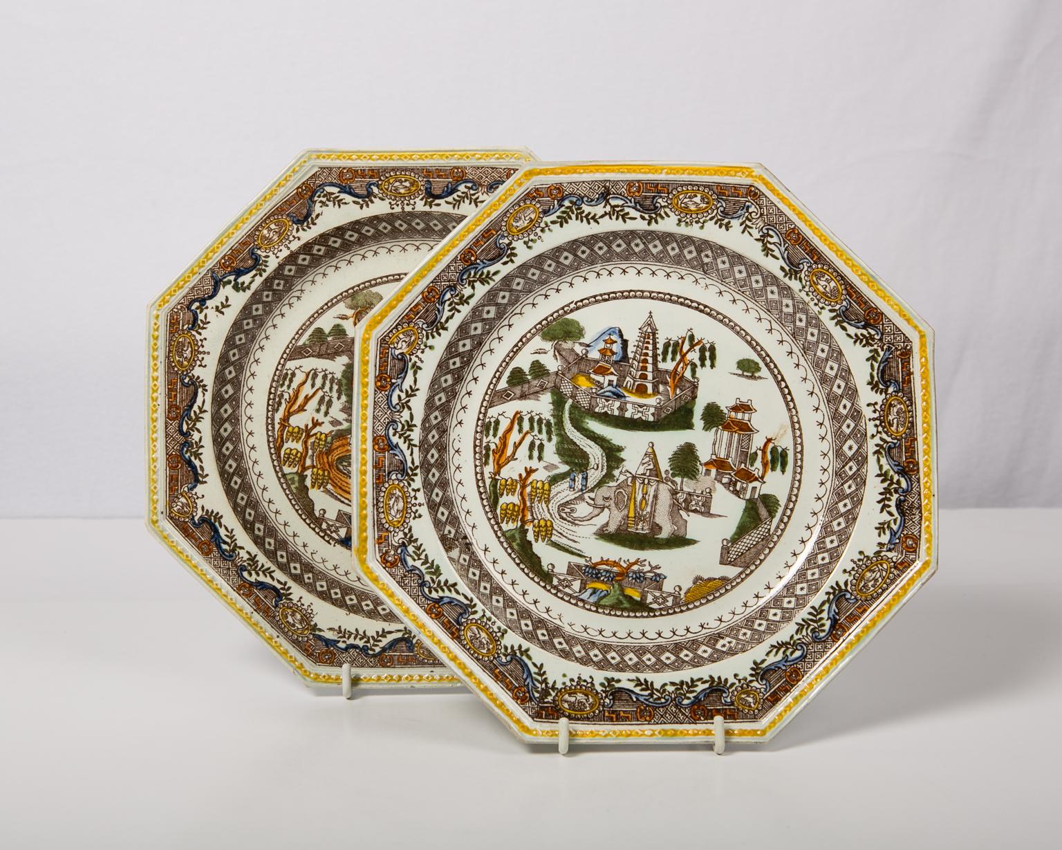 Pair Antique Plates Showing an Elephant in an Imaginary Asian Setting ...