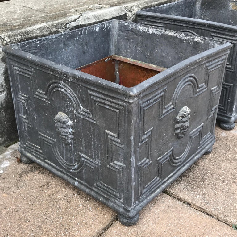Pair of Antique English Lead Lion Motif Planters For Sale at 1stDibs
